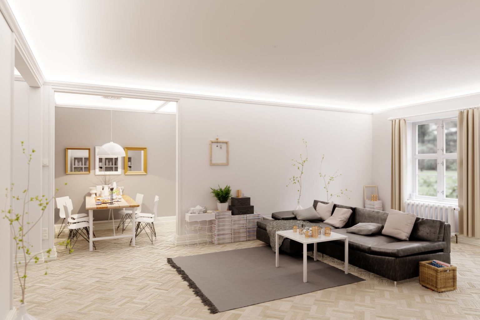 Großer Wohnraum indirekt mit Vouten beleuchtet – lichtplanung-online